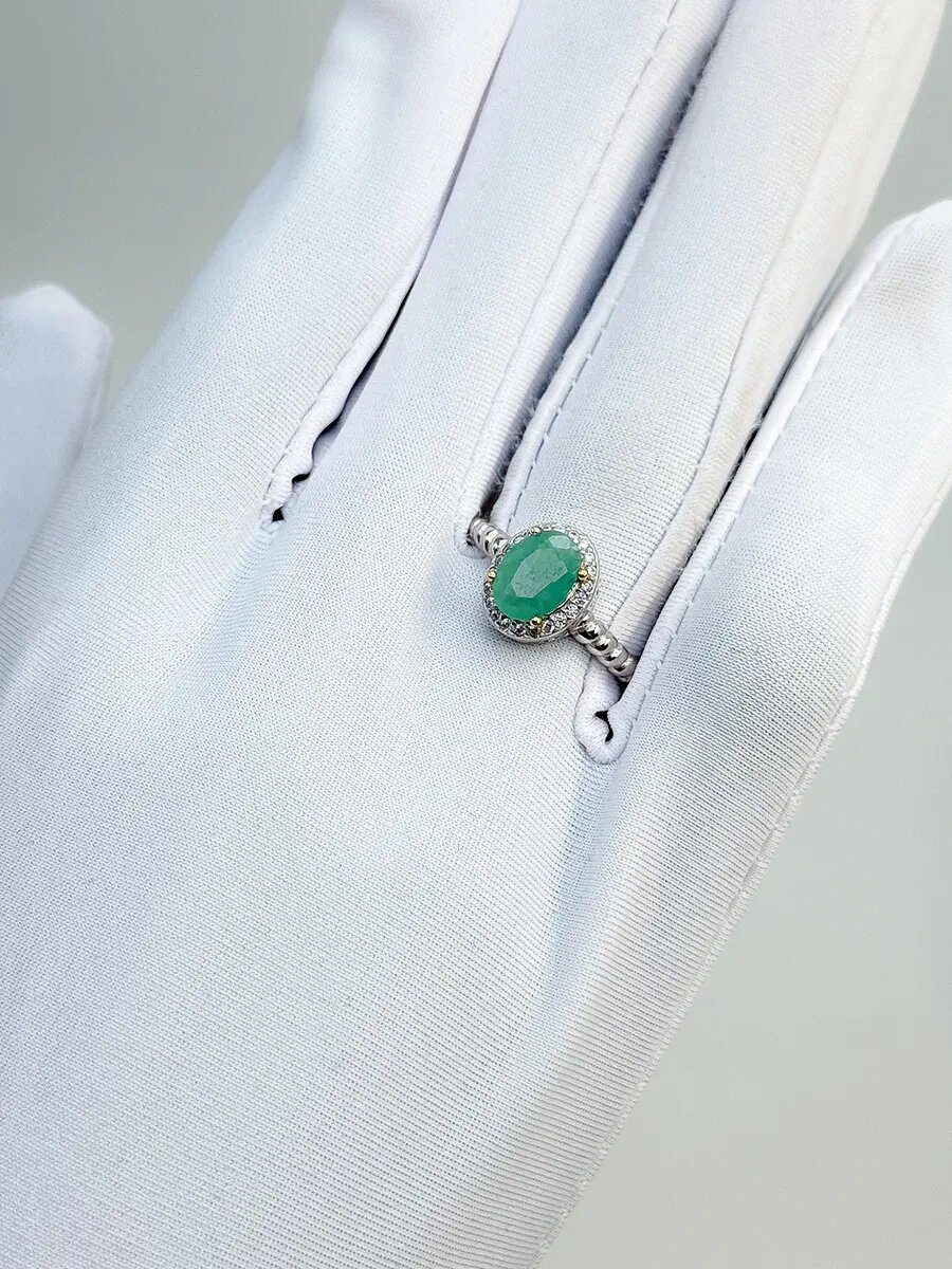 Кольцо, серебро, 925 проба, золочение, родирование, изумруд, фианит