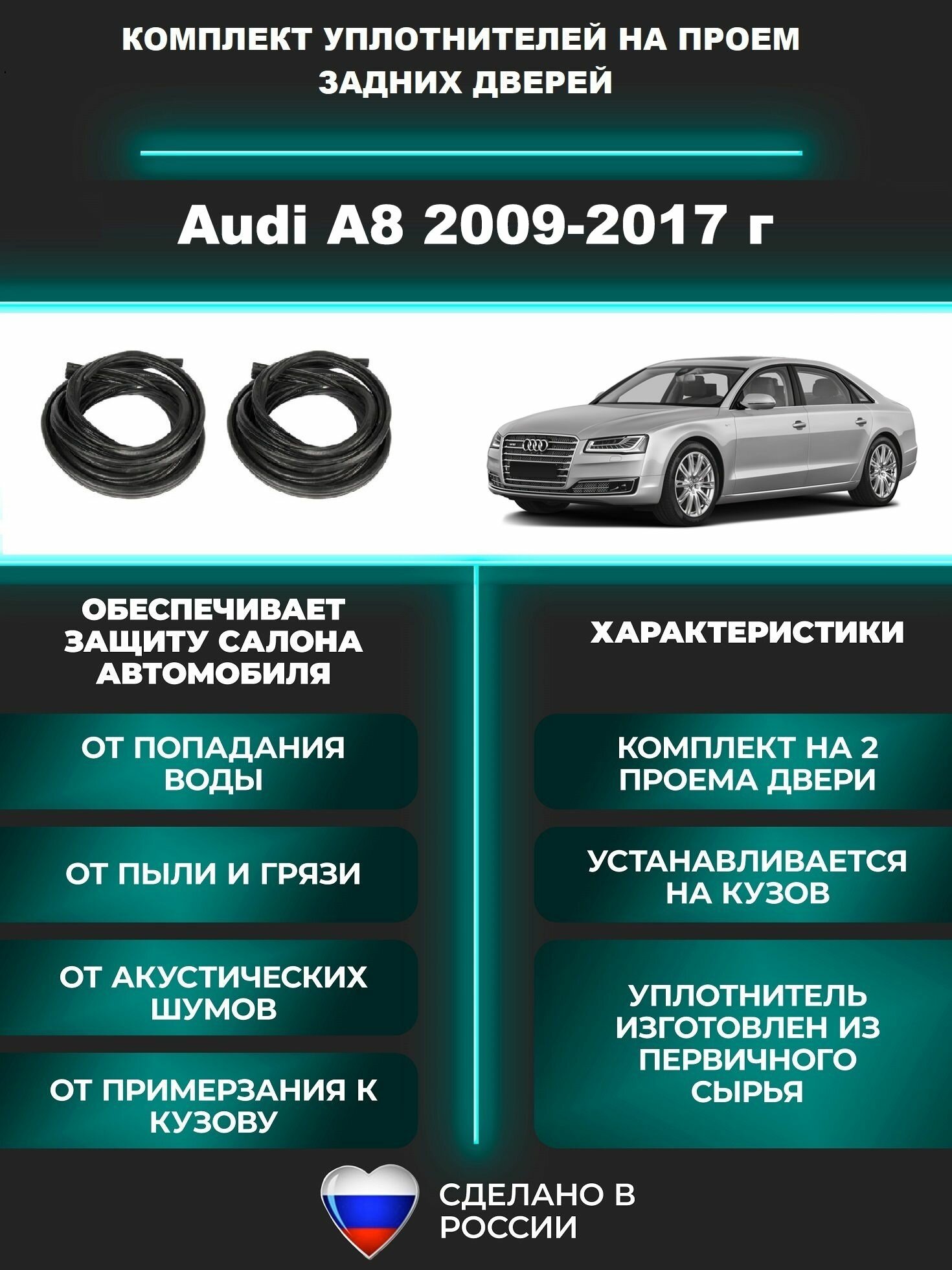 Комплект уплотнителей проема задних дверей для Audi A8 2009-2017 г, Ауди А8 - 2 штуки