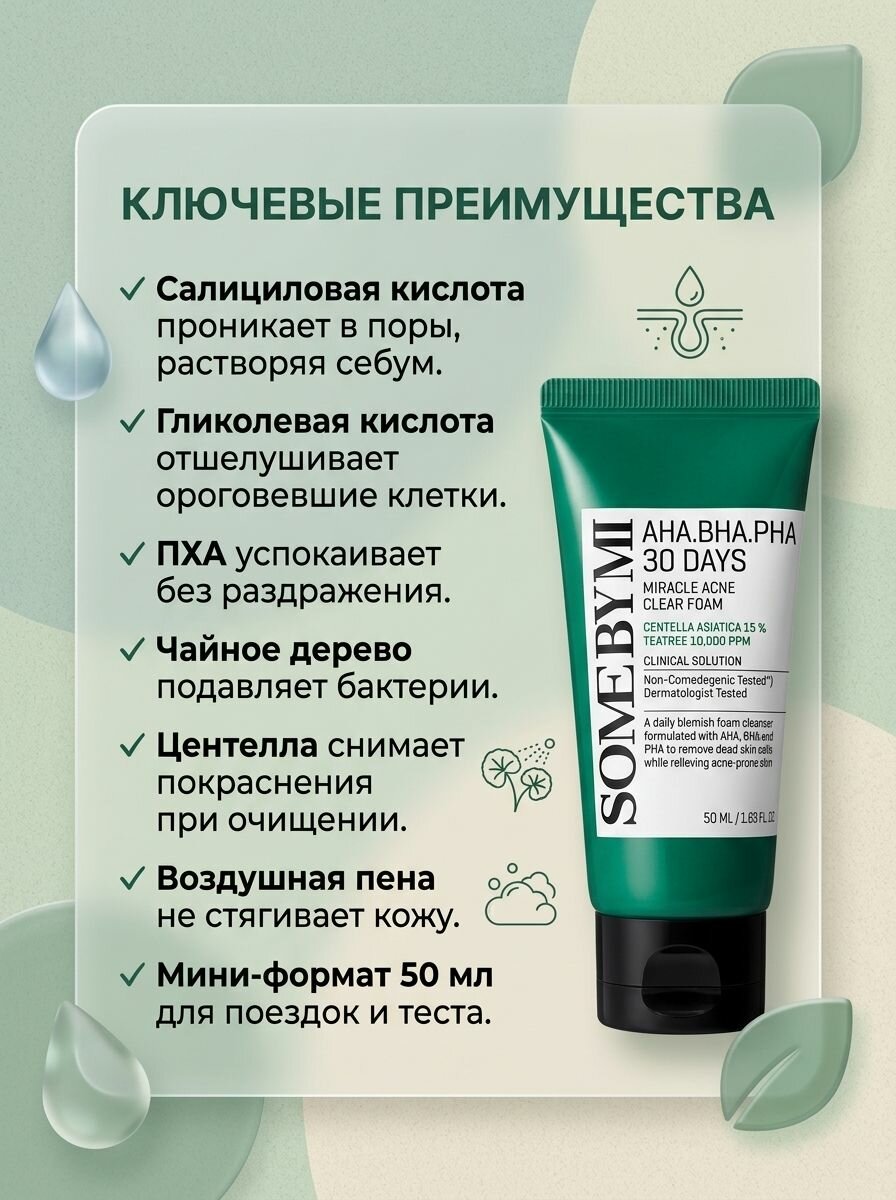 SOME BY MI AHA BHA PHA 30 DAYS MIRACLE ACNE CLEAR FOAM Очищающая пенка для умывания с кислотами 50мл