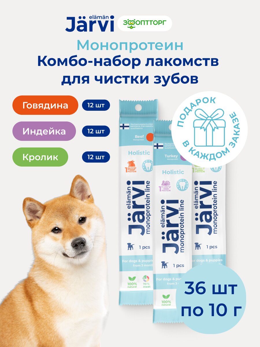 Jarvi монопротеиновое лакомство для чистки зубов для собак набор три вкуса (комбо набор) 360 г.