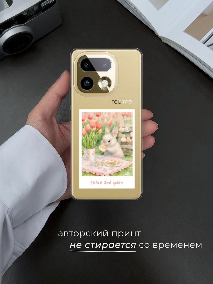 Чехол на Realme 16 Pro+ / Реалме 16 Про+ с принтом Кролик на пикнике, прозрачный — фото 1