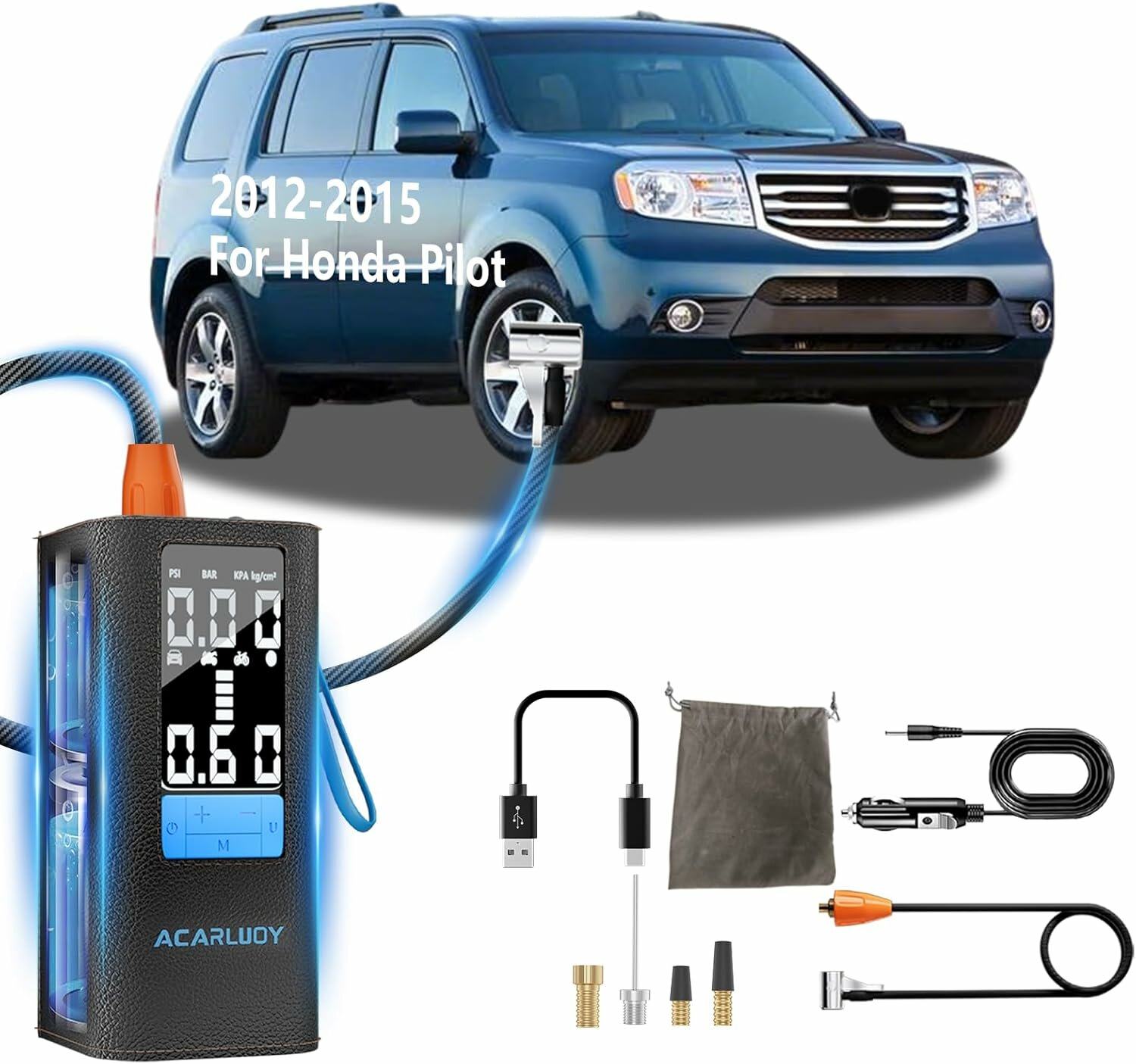 Накачиватель шин, подходит для Honda Pilot 202-205, ЖК-дисплей и аварийный фонарь, 3-кратный аккумулятор емкостью 6000 м