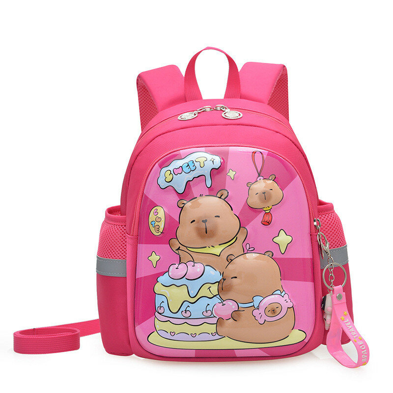 Детский рюкзак с прикольной картинкой капибары с функциями защиты от утери и вентиляцией спинки, розовый