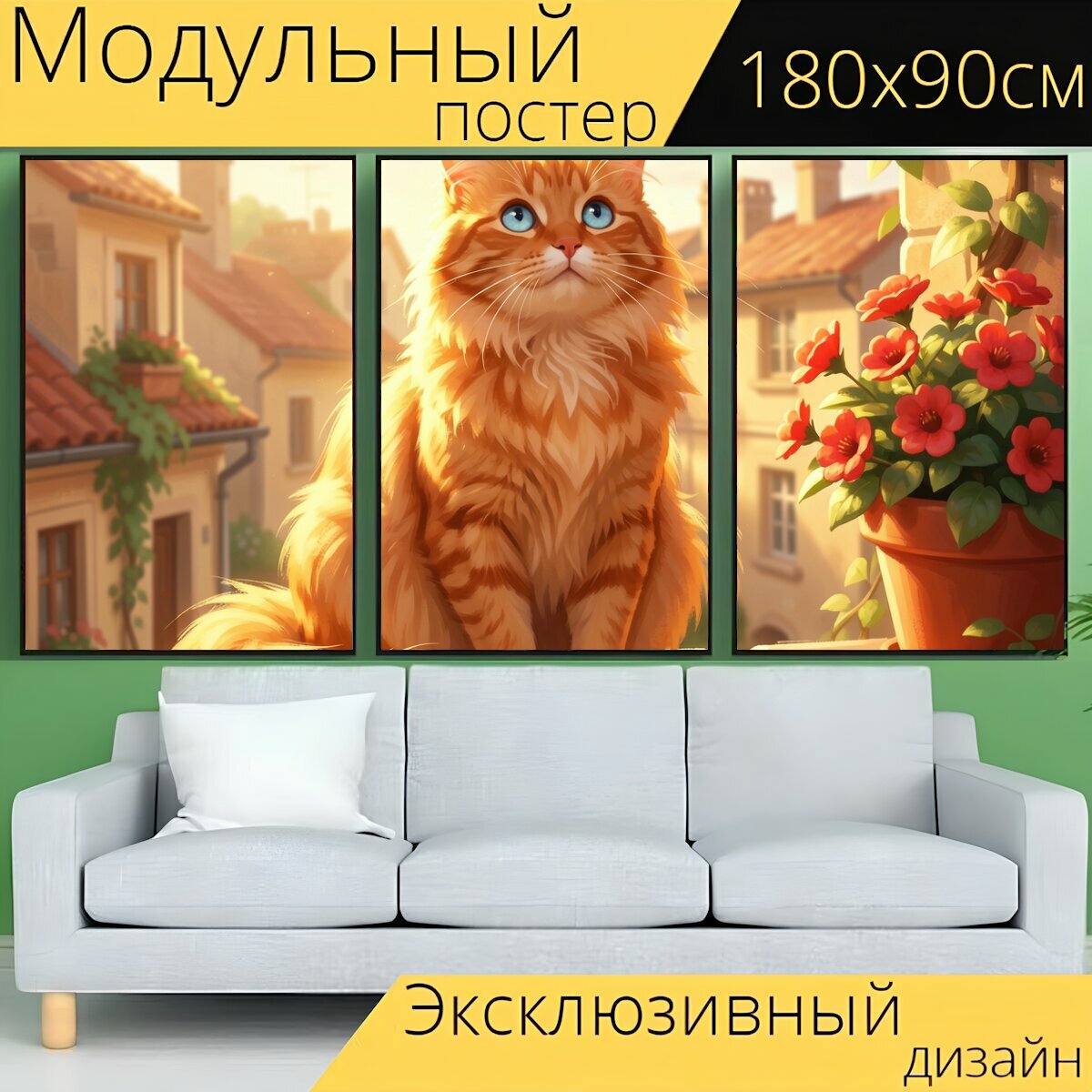 Модульный постер "Рыжий кот на солнечном балконе. Уютная иллюстрация с пушистым рыжим питомцем на кирпичной кладке, в окружении цветов." 180 x 90 см. для интерьера на стену в тубусе