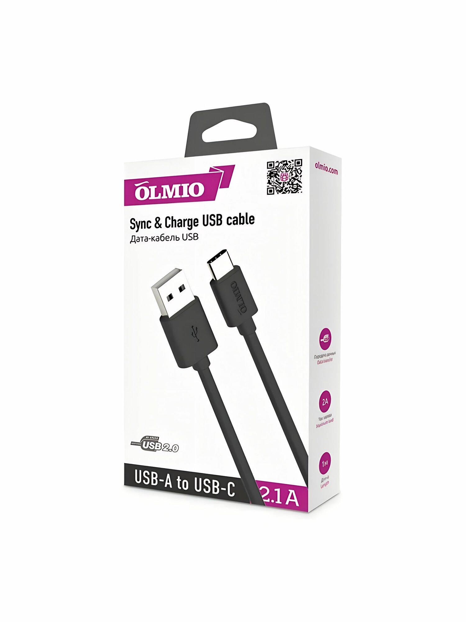 Кабель USB Type-C OLMIO 038773, 1 м, 2.1 А, черный, для зарядки и передачи данных — фото 1