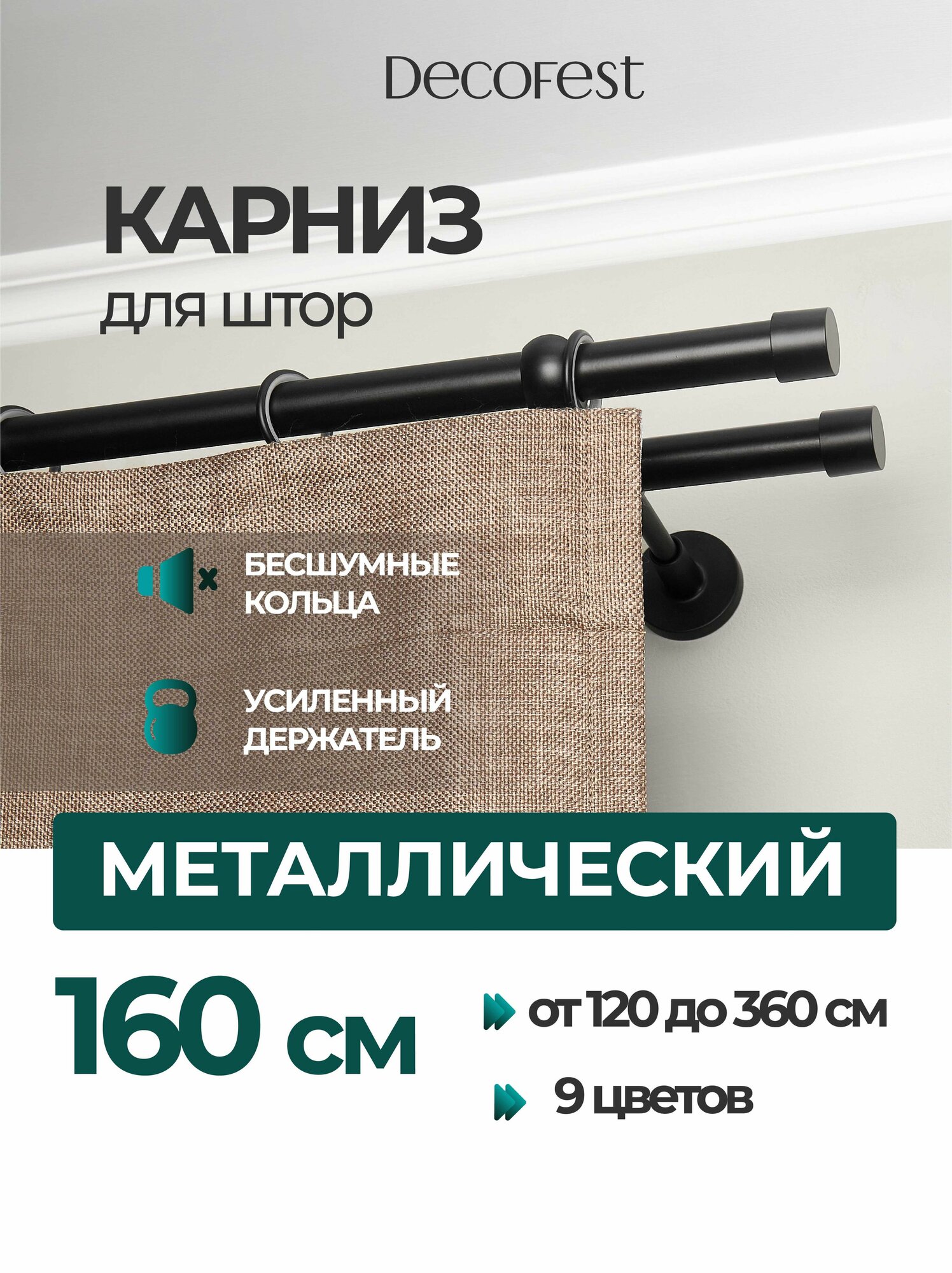 Карниз для штор двухрядный металлический прямой 160 см SET Черный, гардина настенная