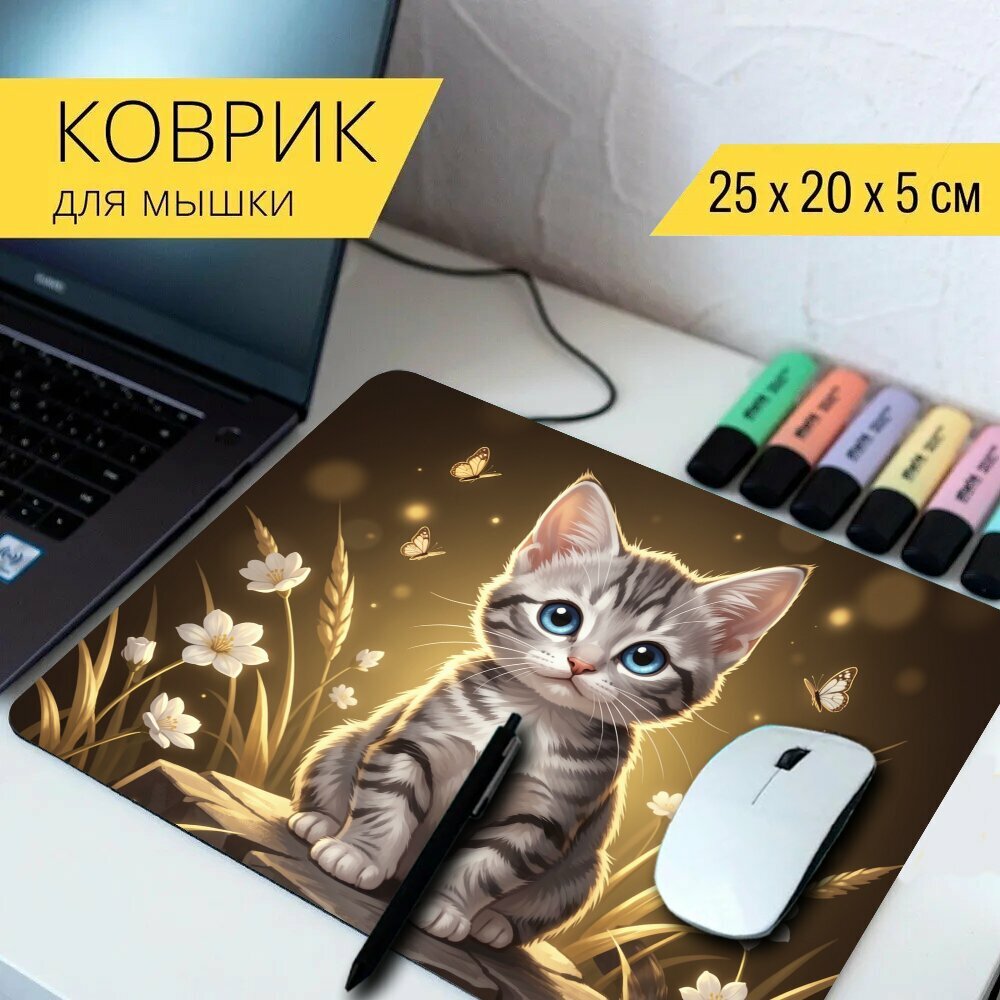 Коврик для мыши с принтом "Милый котенок с бабочками. Очаровательный маленький полосатый питомец с большими голубыми глазами сидит на камне среди белых цветов и трав." 25x20см.