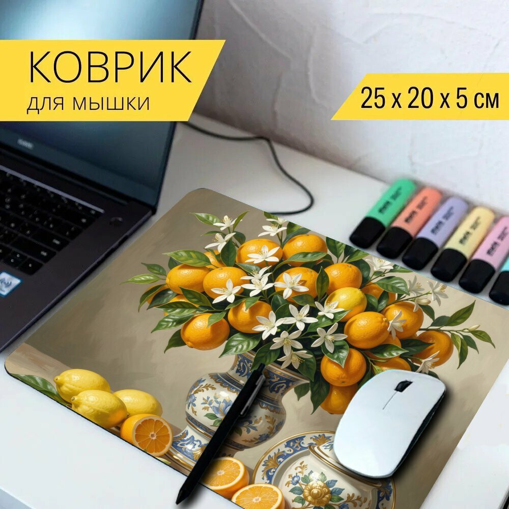 Коврик для мыши с принтом "Цитрусы в декоративной вазе. Живописная композиция с яркими апельсинами, лимонами, белыми цветами и зелёными листьями в расписной керамике." 25x20см.