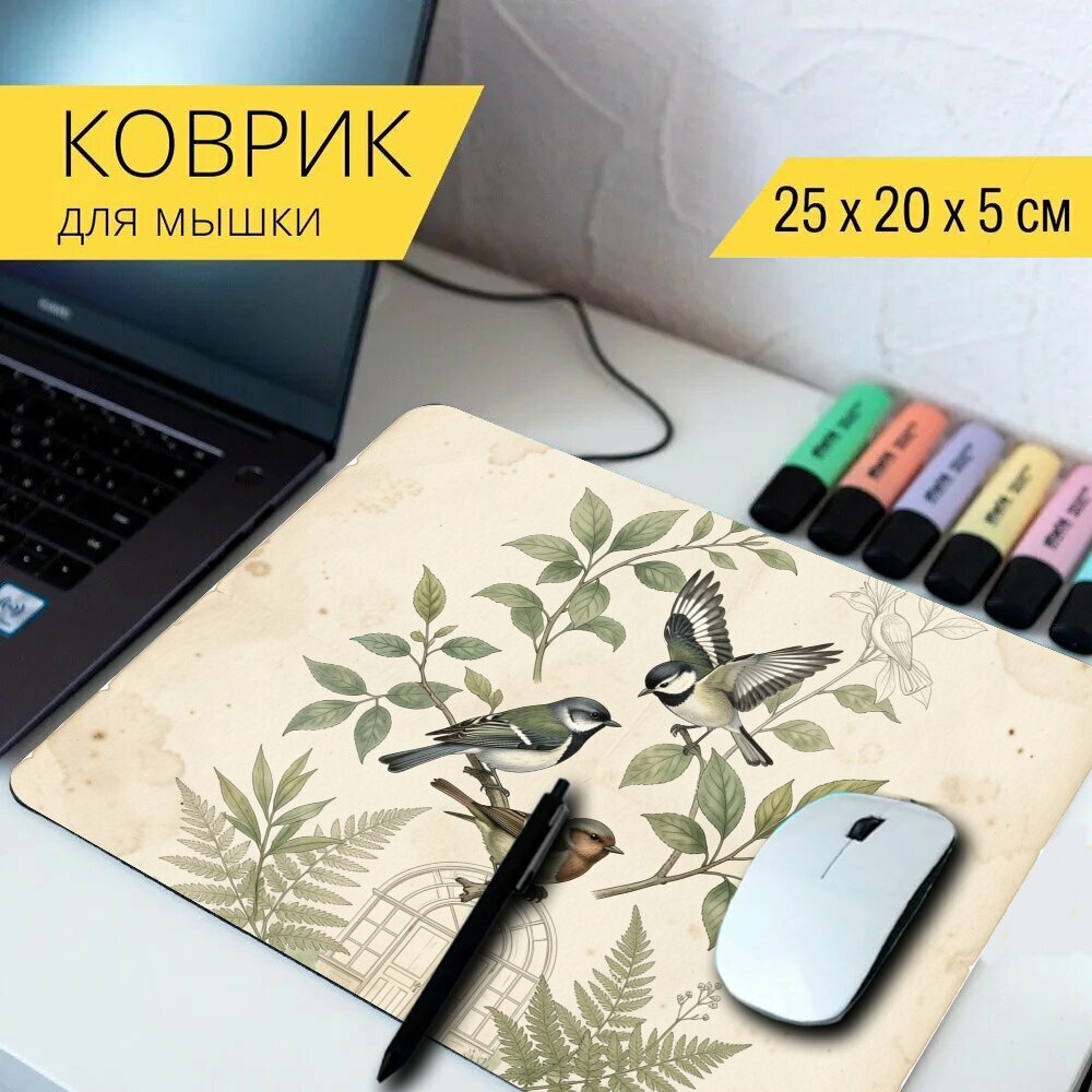 Коврик для мыши с принтом "Птицы среди ветвей и папоротников. Нежная ботаническая композиция в винтажной стилистике: три маленькие лесные птицы среди зеленых веток, листьев." 25x20см.