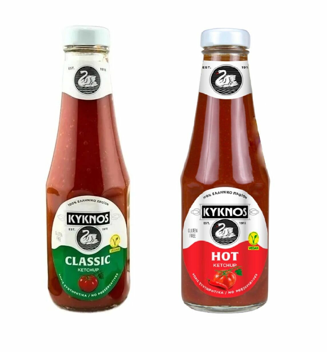 Кетчуп томатный набор (классический и острый) без глютена, KYKNOS, Греция, 330 г х 2шт