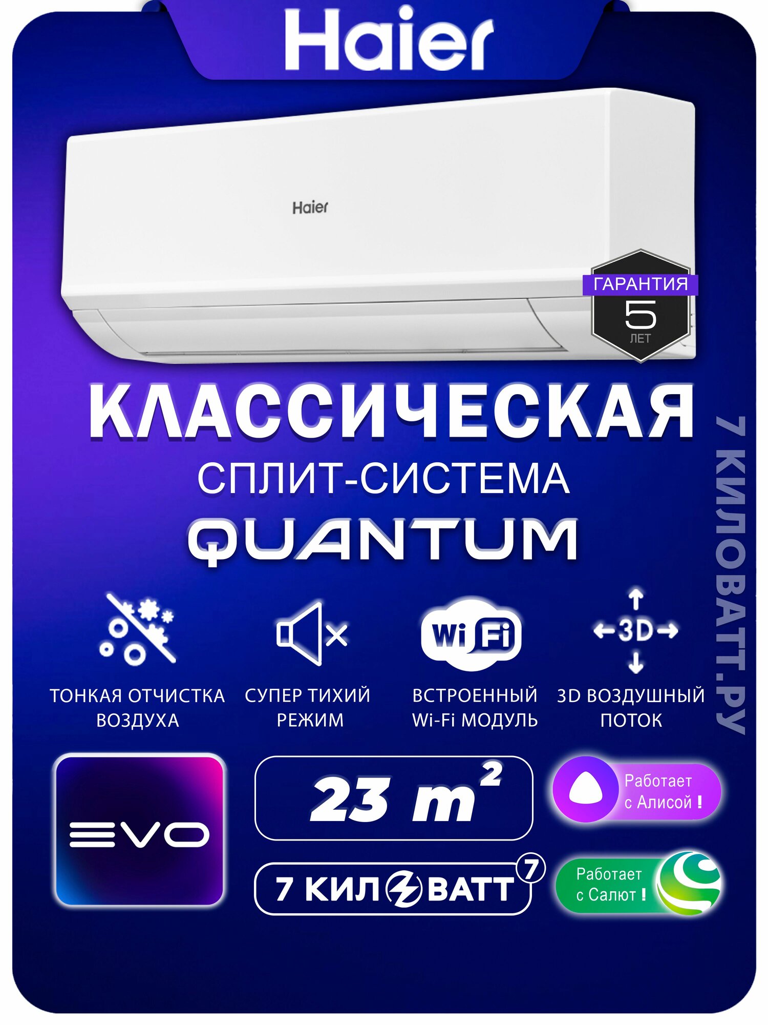 Сплит-система Haier Quantum HSU-07HQJ103/R3-W на 23 м2 встроенный Wi-Fi, премиальный компрессор QINGAN