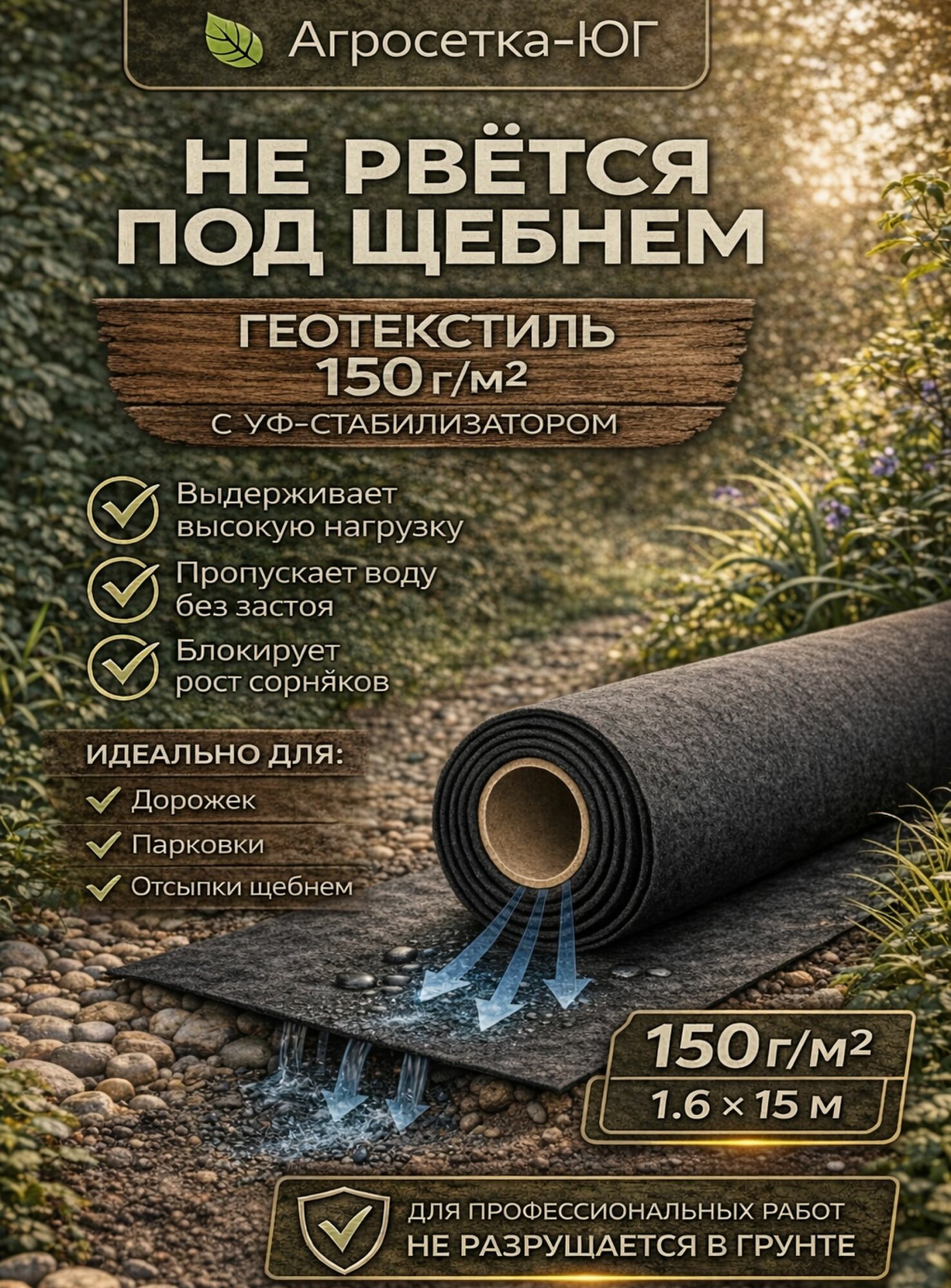 Геотекстиль 150 г/м. кв. для строительных, ландшафтных, садовых работ Агросетка-Юг, 1,6 x 15, черный