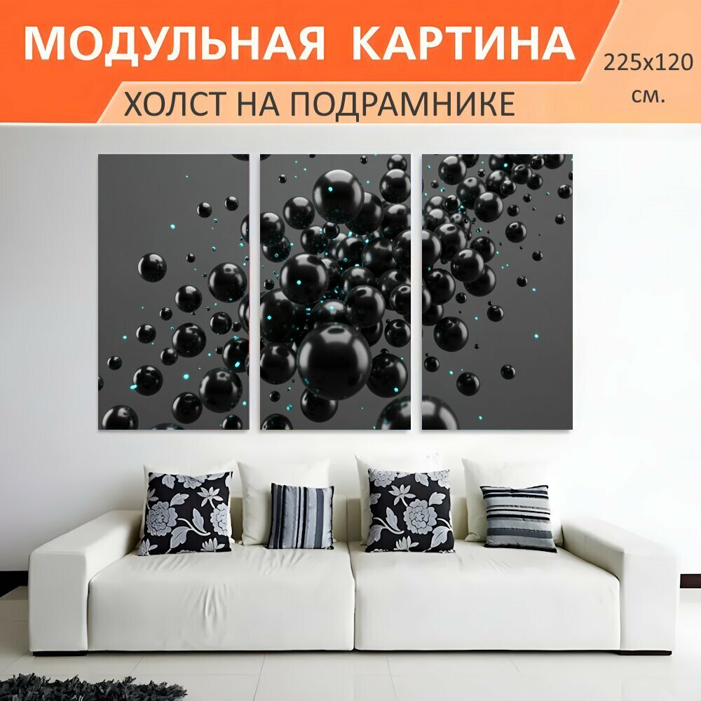 Модульная картина на холсте "Абстрактные черные сферы с неоном. Глянцевые объемные шары в динамичном потоке на темно-сером фоне, с." триптих на подрамнике 225х120 см. для интерьера