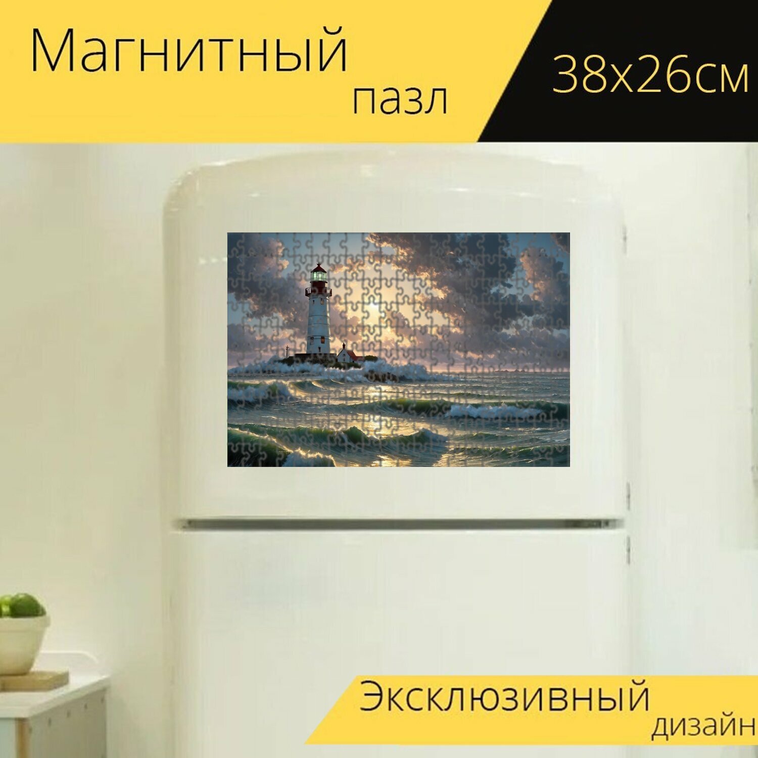 Магнитный пазл "Природа в стиле иван айвазовский, далекий маяк, освещающий путь в штормовом море" для интерьера, 38х26 см.