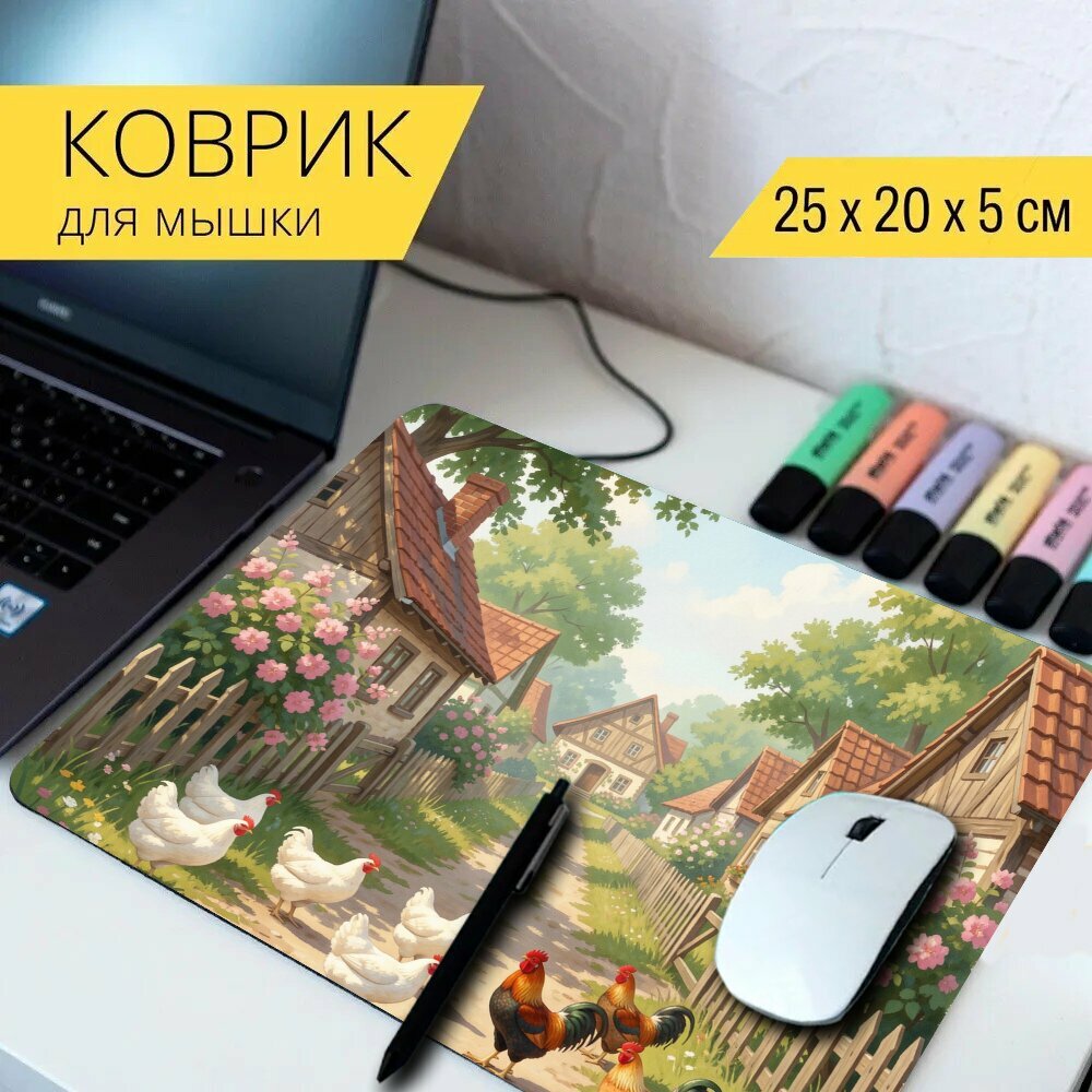 Коврик для мыши с принтом "Деревенская улица с курами. Уютный сельский пейзаж в мягкой акварельной манере: деревянные домики с красными крышами, цветущие кусты, светлая." 25x20см.