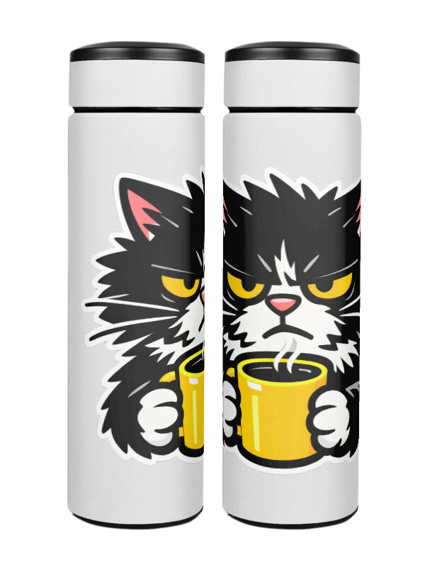 Термос «Grumpy Coffee Cat злой черный кот» (белый)