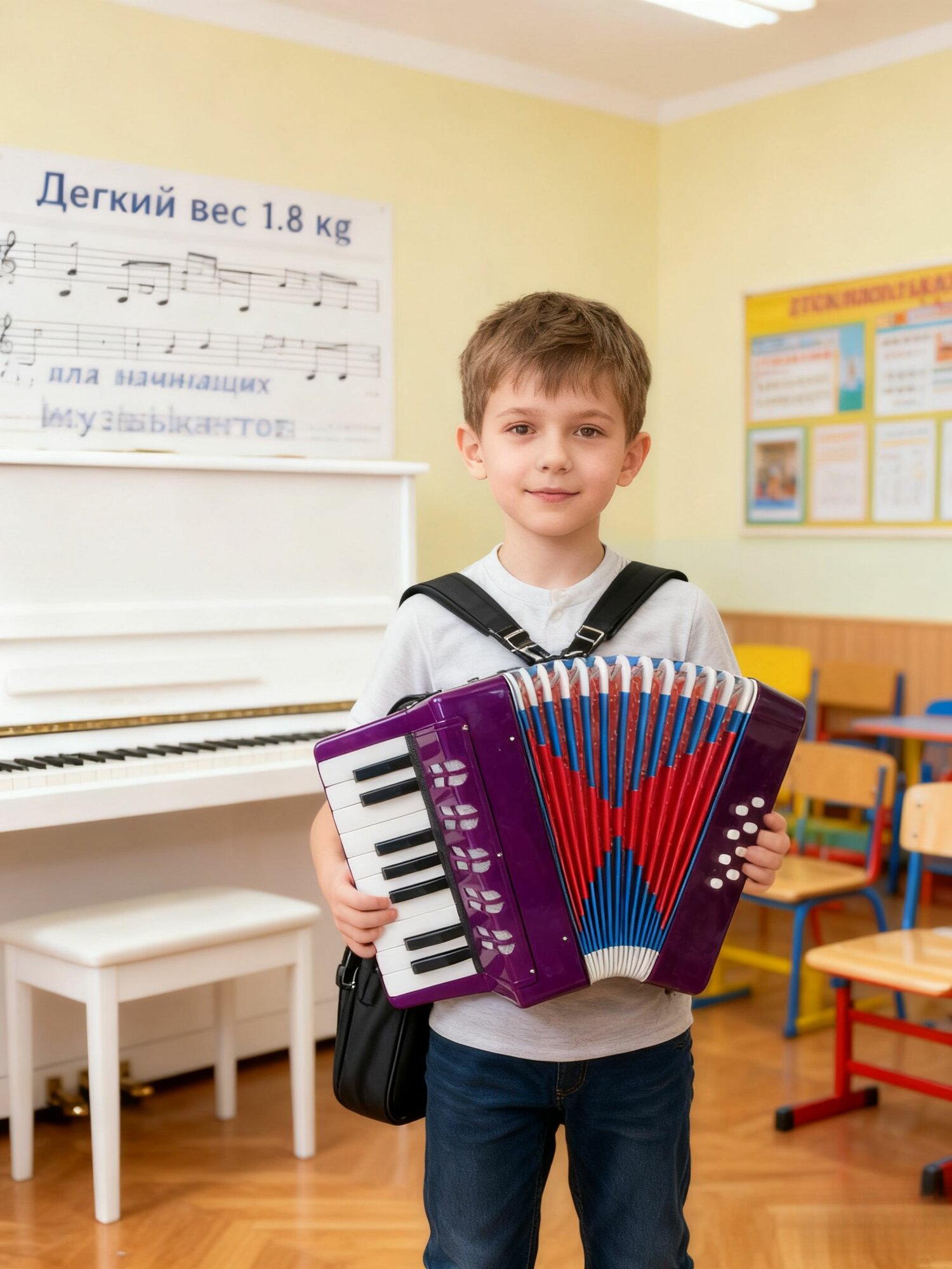 Детский аккордеон 17 клавиш 8 басов ABS — компактный инструмент для детей 7–14 лет, в школе, яркие цвета, подарок