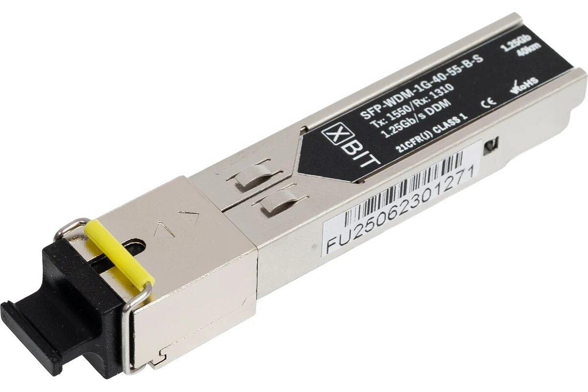 Оптический трансивер SFP XBIT 1G WDM SC (18dB) 1550 нм 40 км, серебристый цвет, одноволоконный, металл, 1000 Мбит/с, IP20, DFB‑лазер, PIN‑приёмник, горячая замена, поддержка ведущих брендов.