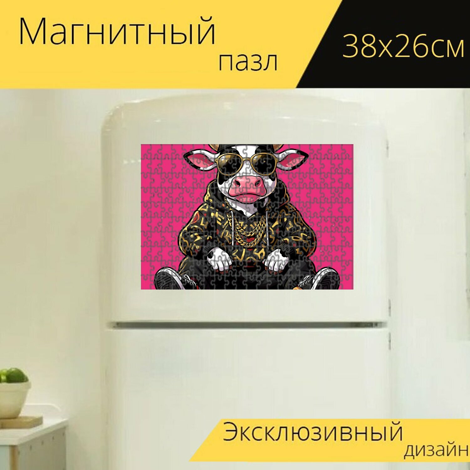 Магнитный пазл "Бык в кепке и очках. Стильный мультяшный образ бычка в худи, с золотыми цепями, солнцезащитными очками и бейсболкой на ярко-розовом фоне." для интерьера, 38х26 см.