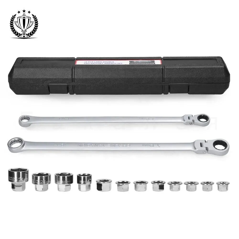 GM Набор ключей с храповым механизмом 15 предметов, хромованадиевая сталь, для автосервиса и дома