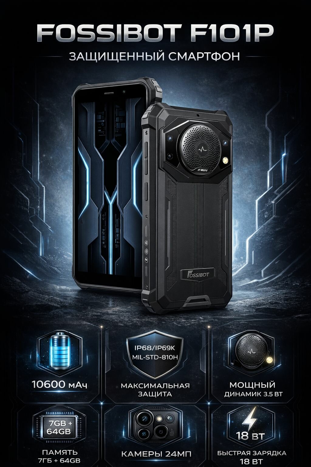 Защищенный смартфон Fossibot F101P, черный