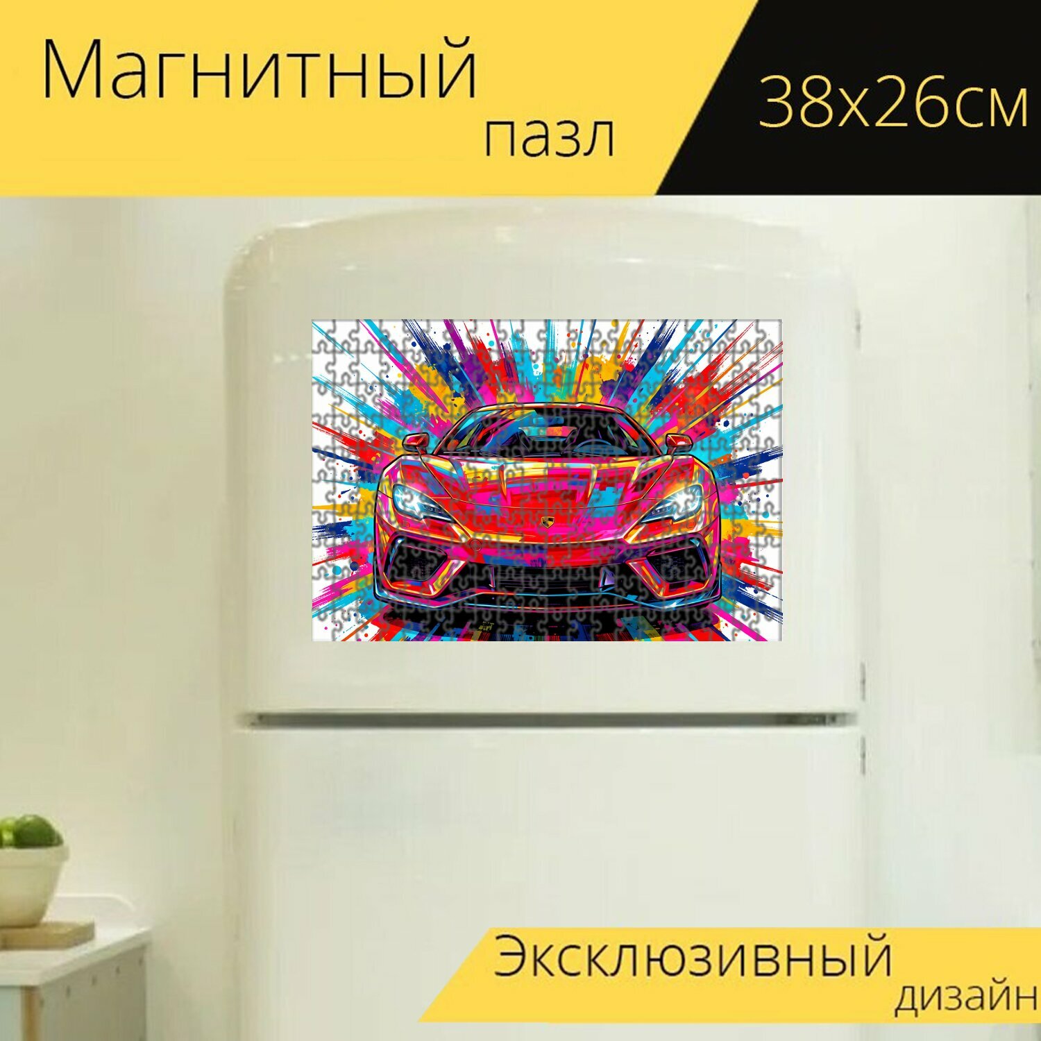 Магнитный пазл "Спортивный суперкар в ярких красках. Футуристический автомобиль на белом фоне, окружённый взрывом неоновых мазков и брызг. Насыщенные." для интерьера, 38х26 см.