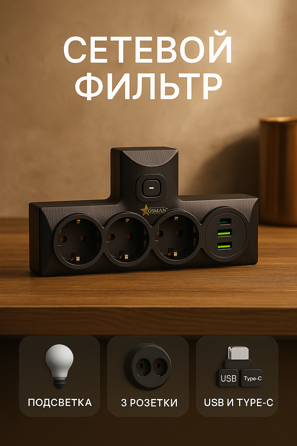 Тройник - разветвитель, 3 розетки, Type-C и USB, светильник, черный