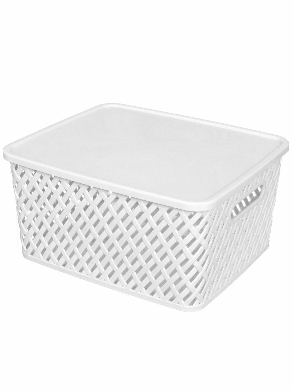 Корзина для хранения Альтернатива Плетенка 35х29х18 см, белая прямоугольная пластиковая корзинка с крышкой и ручками