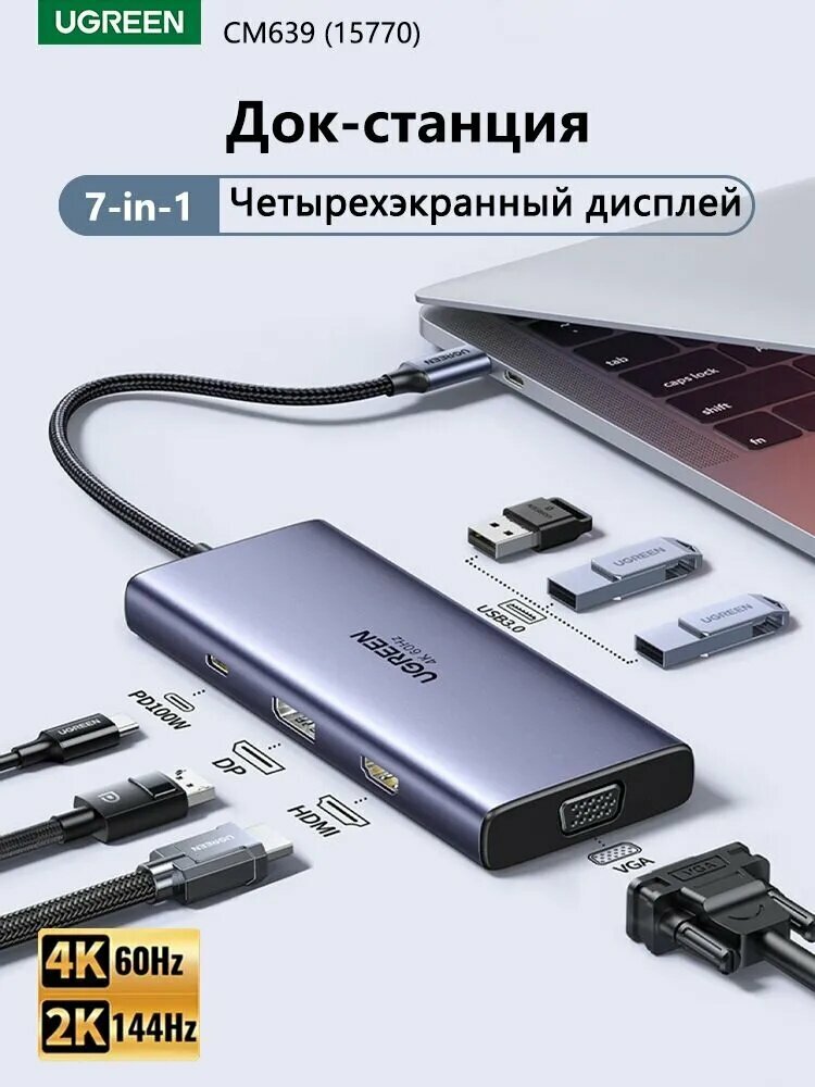 Док-станция/USB-Концентратор UGREEN CM639 (15770) Хаб USB-C 7-in-1 Hub, DP/HDMI (4K@60Hz) VGA (1080P@60Hz) USB-A 3.0, PD100W