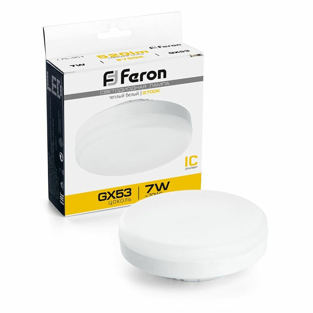 Лампа светодиодная GX53 7W таблетка теплый белый свет 2700K Feron LB-451 25831