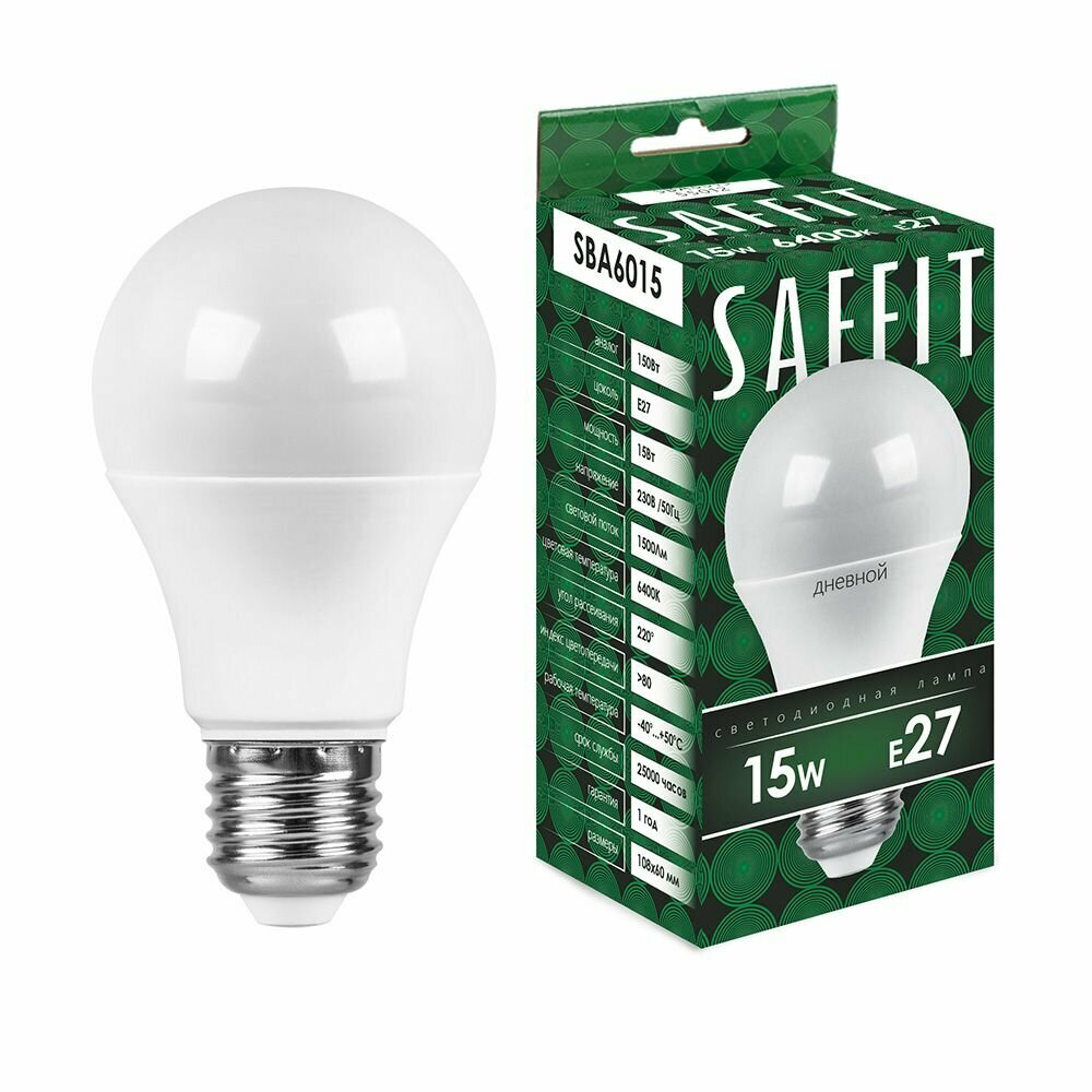 Лампа светодиодная E27 15 Вт A60 шар груша дневной белый свет 6400K Saffit SBA6015 55012