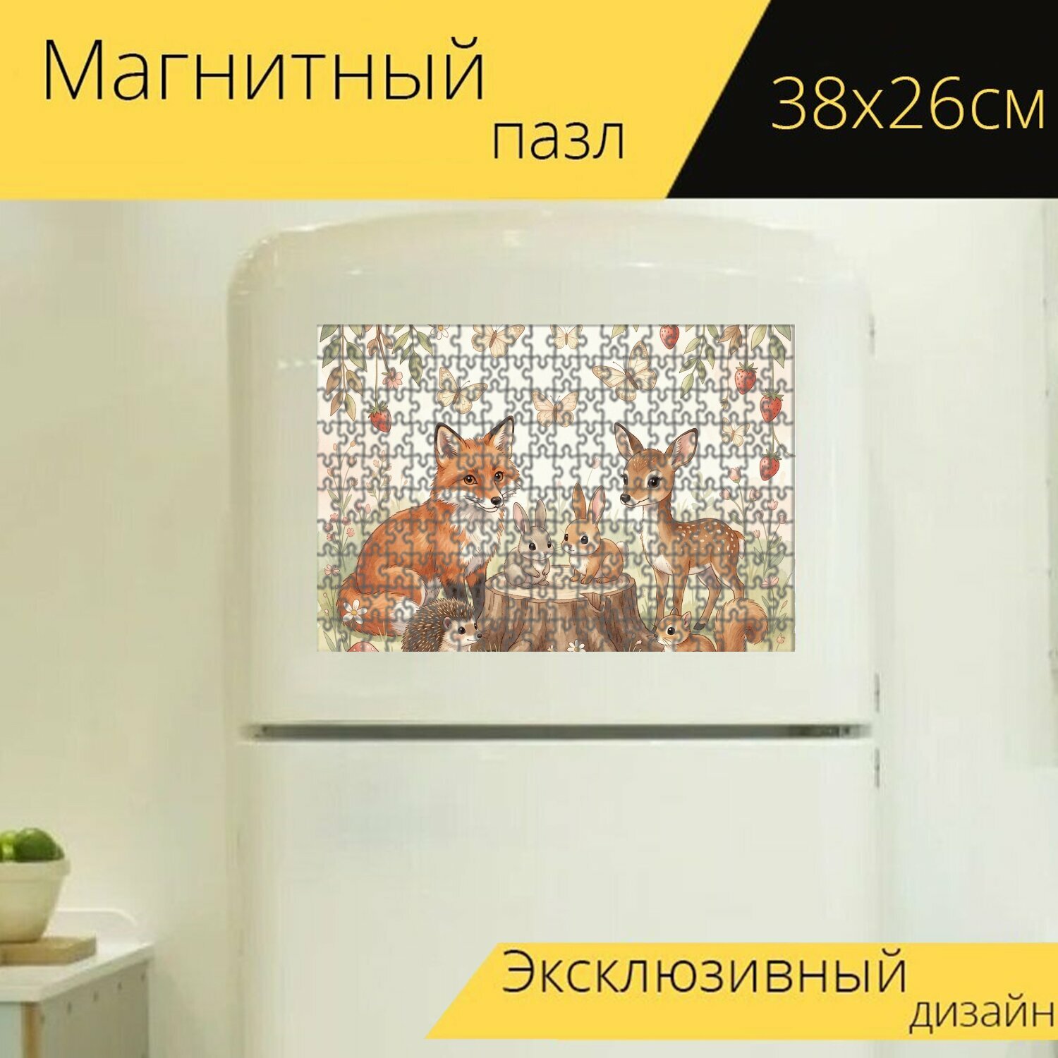 Магнитный пазл "Лесные зверята среди цветов. Нежная акварельная иллюстрация с лисой, олененком, крольчатами, ежиком и белкой у пня в сказочном лесу." для интерьера, 38х26 см.