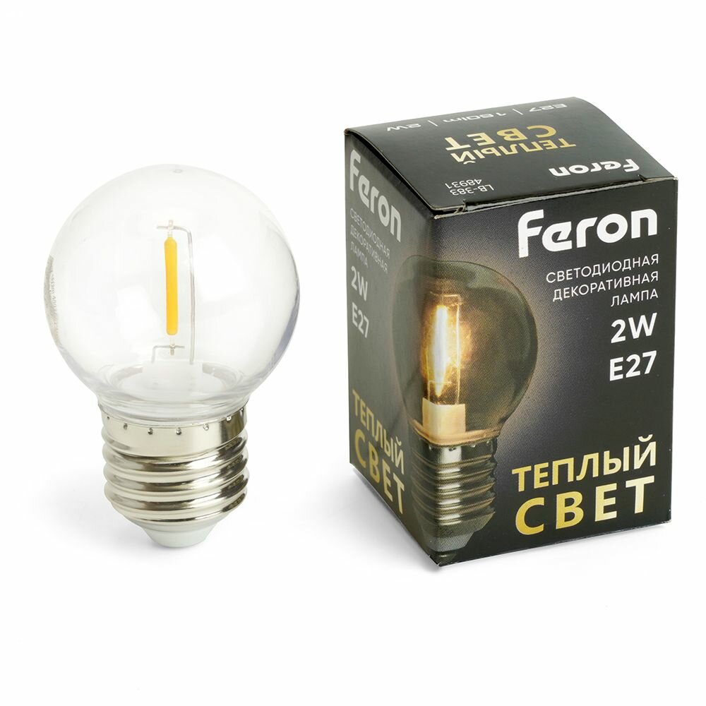 Лампа светодиодная филаментная E27 2 Вт G45 шар теплый белый свет 2700K Feron LB-383 48931