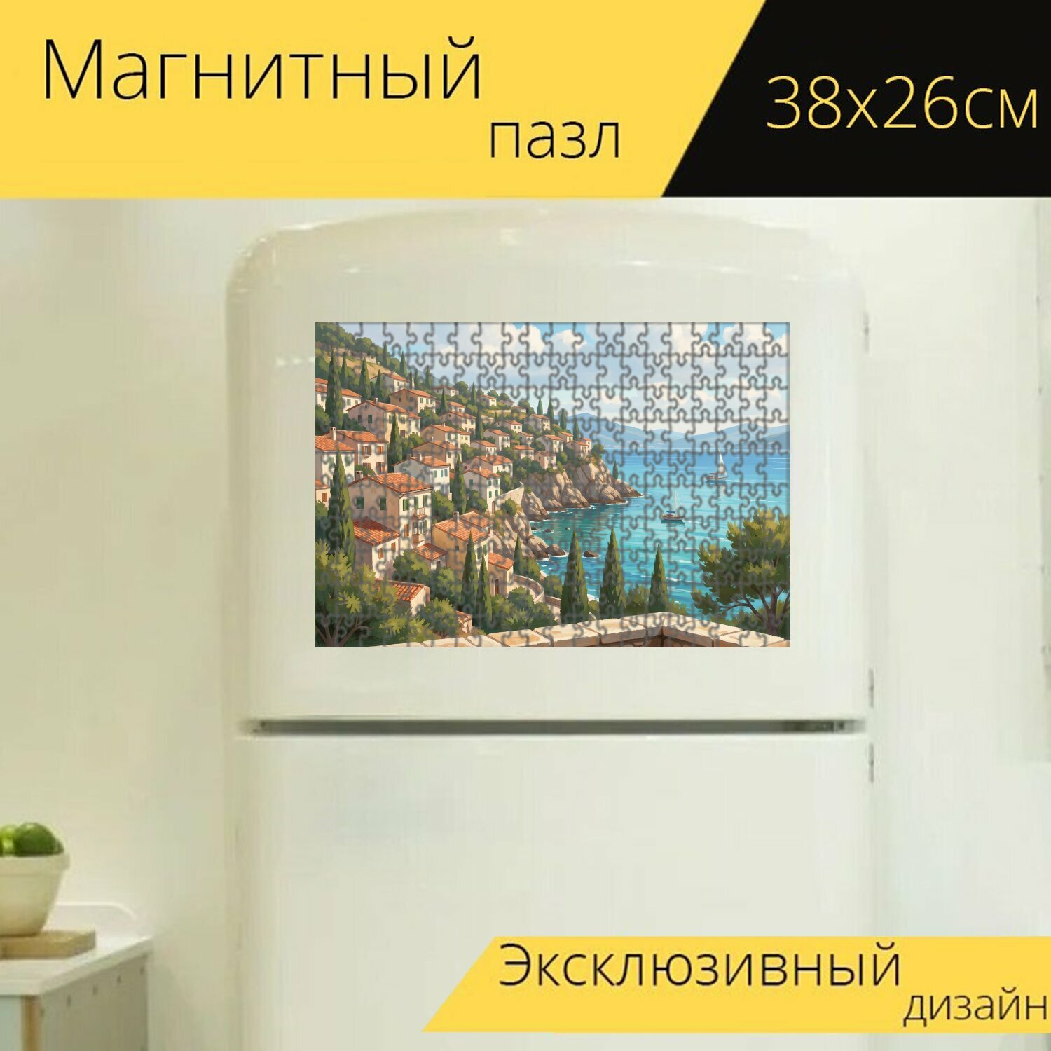 Магнитный пазл "Средиземноморская бухта с парусниками. Живописный прибрежный городок на скалах с белыми домами, терракотовыми крышами и кипарисами у." для интерьера, 38х26 см.