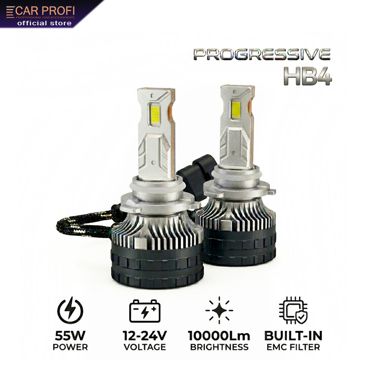 Светодиодные лампы CarProfi PROGRESSIVE HB4 (9006) SANAN 3570, 55W, 12-24V, 5100K, FAN, 10000Lm (к-кт 2шт)