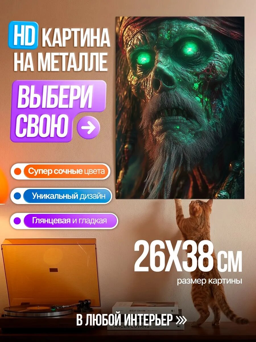Картина на HD металле Пиратский череп зеленые глаза