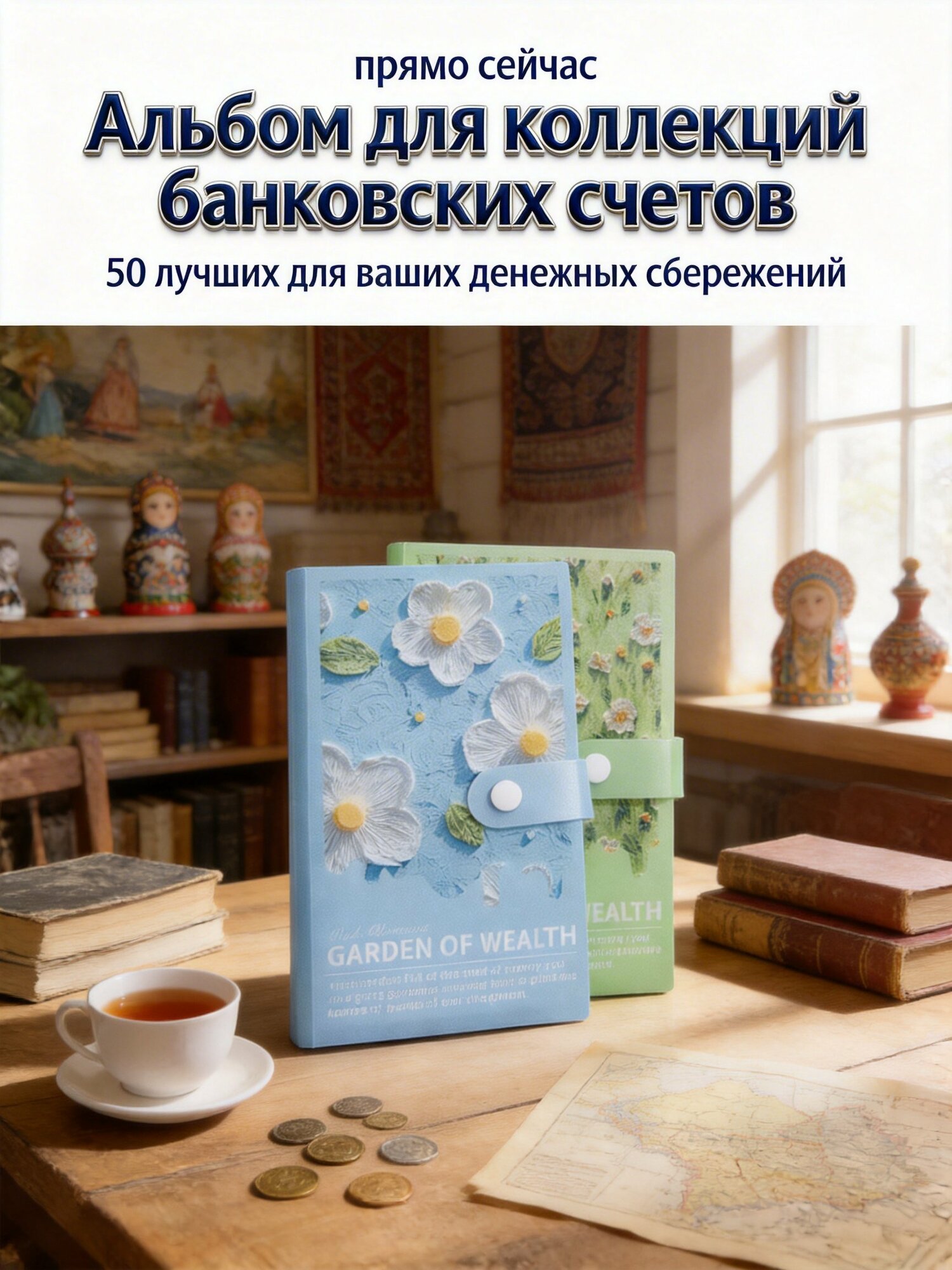 Альбом для коллекционных банкнот, 50 листов A6 18x11 см с ПВХ обложкой и застежкой-кнопкой — портативная книга для хранения купюр и монет