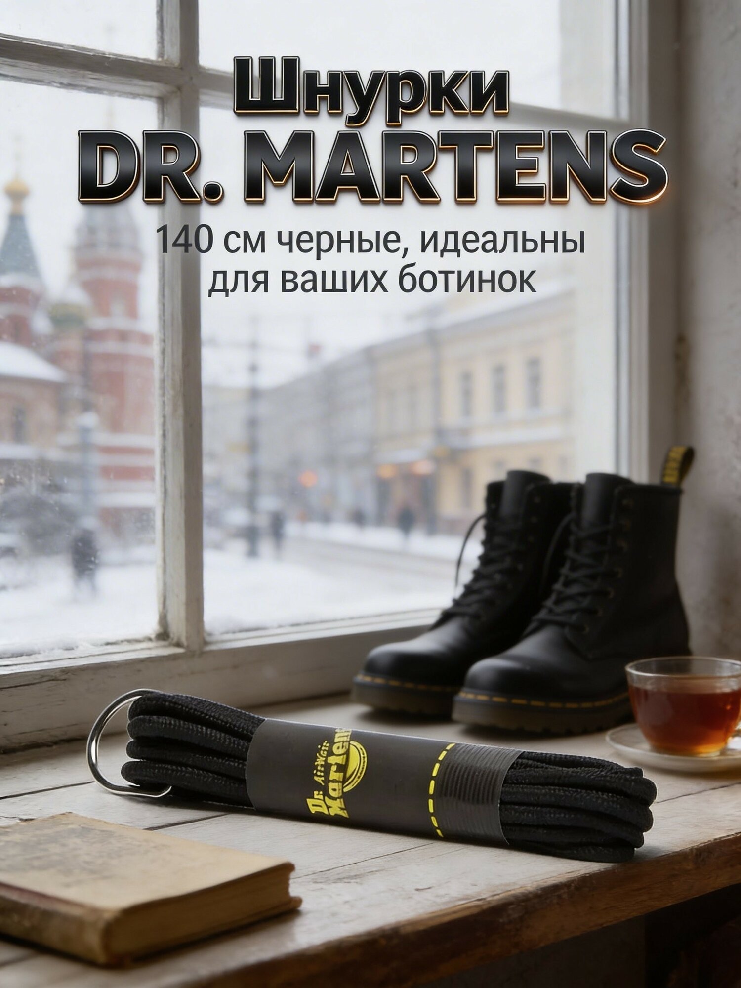 Шнурки DR. MARTENS, круглые черные 140 см для одной пары обуви из Финляндии