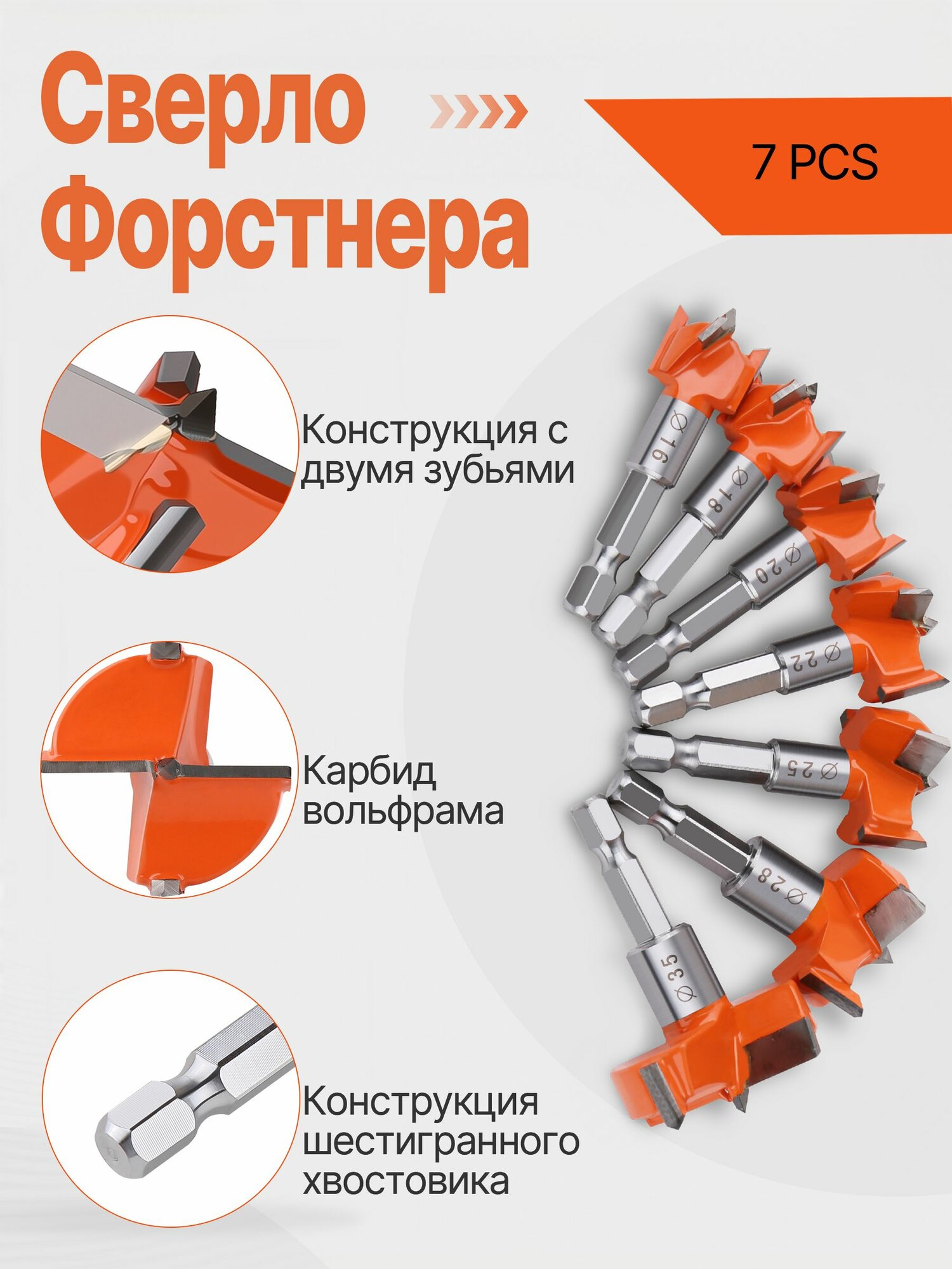 Сверло фреза Форстнера по дереву с победитом 16-35 мм (с шестигранным хвостовиком 6,35 мм)