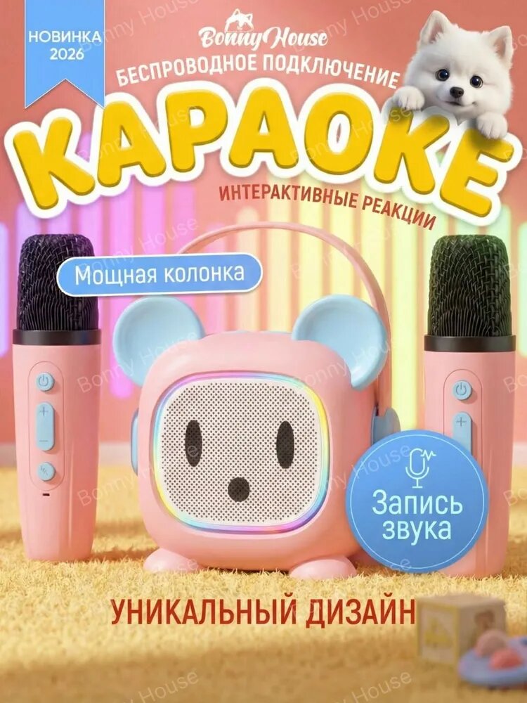 Детская караоке система с двумя беспроводными микрофонами и колонкой