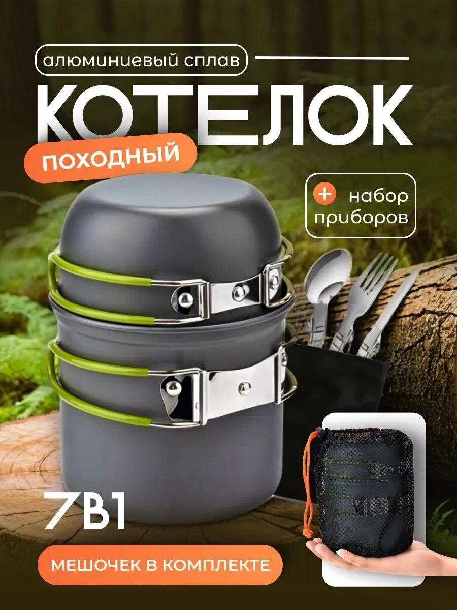 Котелок туристический Loola, серый металлик, 900мл, с крышкой, приборами
