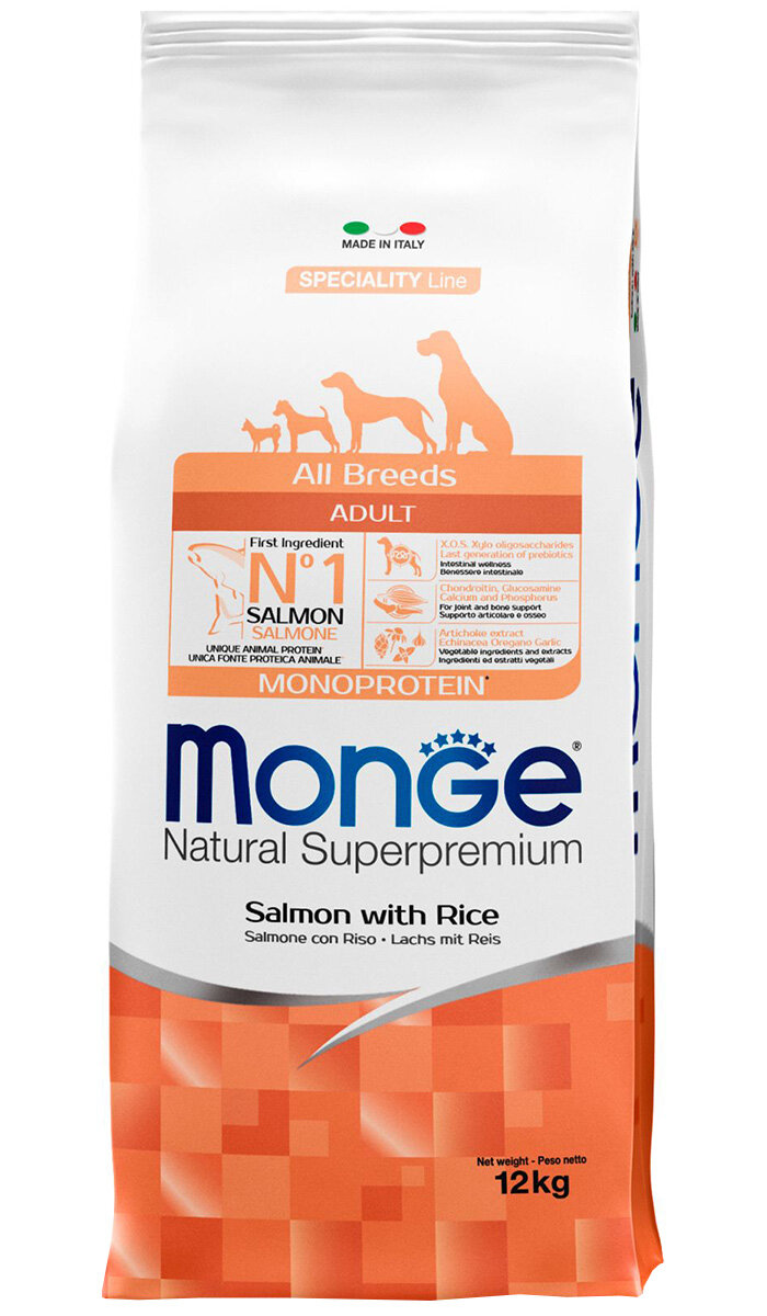 Корм сухой Monge Speciality Dog Salmon для взрослых собак всех пород, лосось, рис, 12 кг