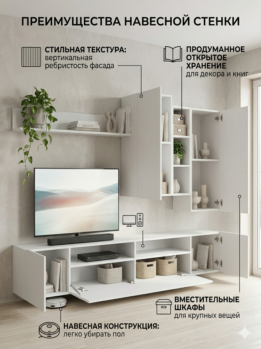Стенка "Сканди" МДФ цвет белый Длина – 2130 мм, Высота - 1800мм, Глубина - 350 мм. — фото 1