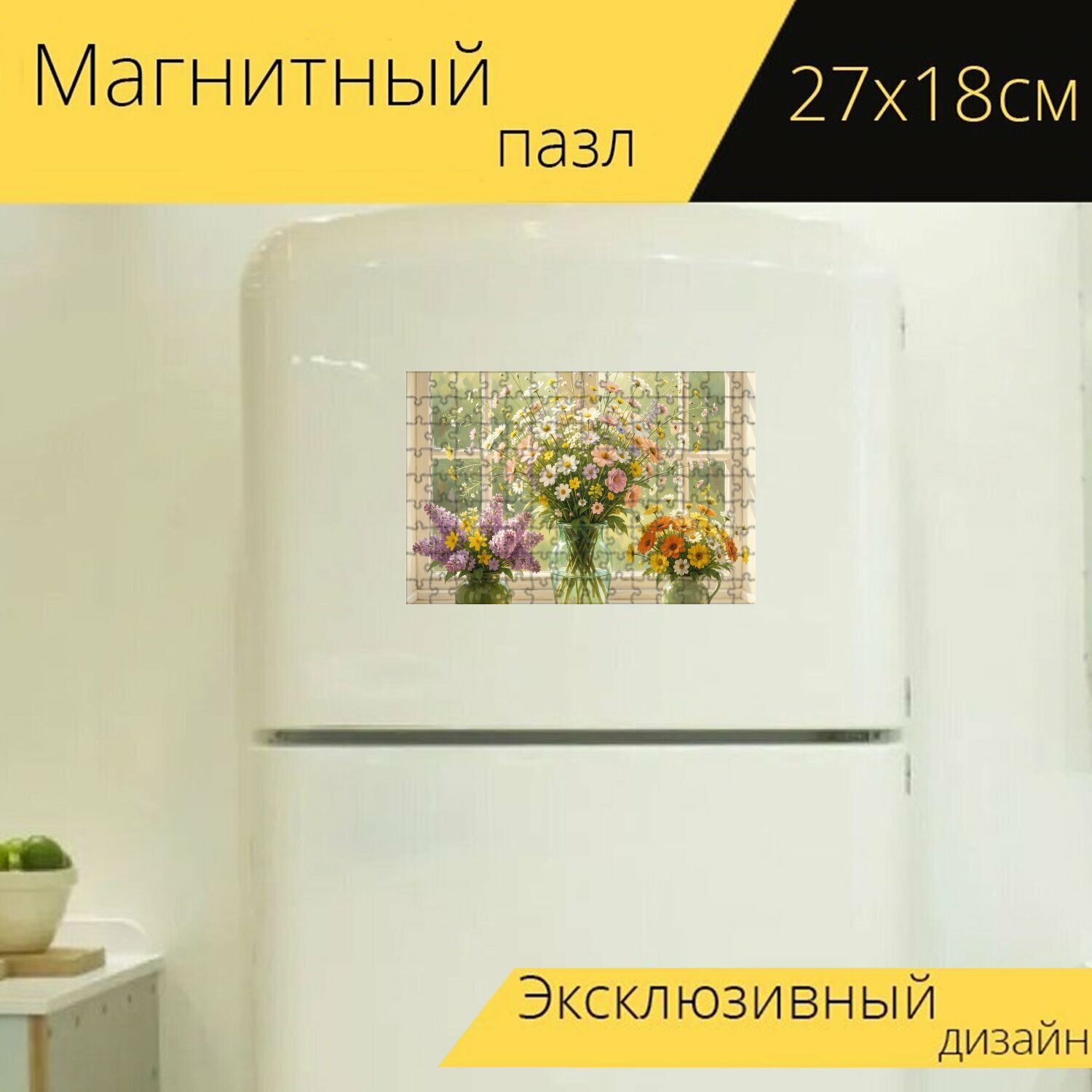 Магнитный пазл "Цветочные букеты на подоконнике. Три пышные композиции в стеклянных и керамических сосудах у окна, нежная акварельная манера, пастельные." на холодильник 27 x 18 см.