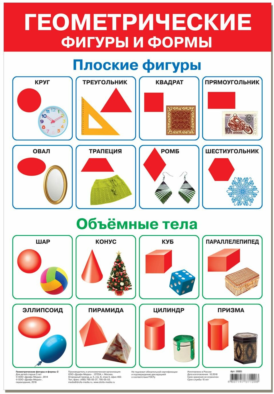 Плакат "Геометрические фигуры и формы-2", наглядный материал для детей, обучающее пособие для дошкольников и школьников, учим плоские фигуры и объемные тела