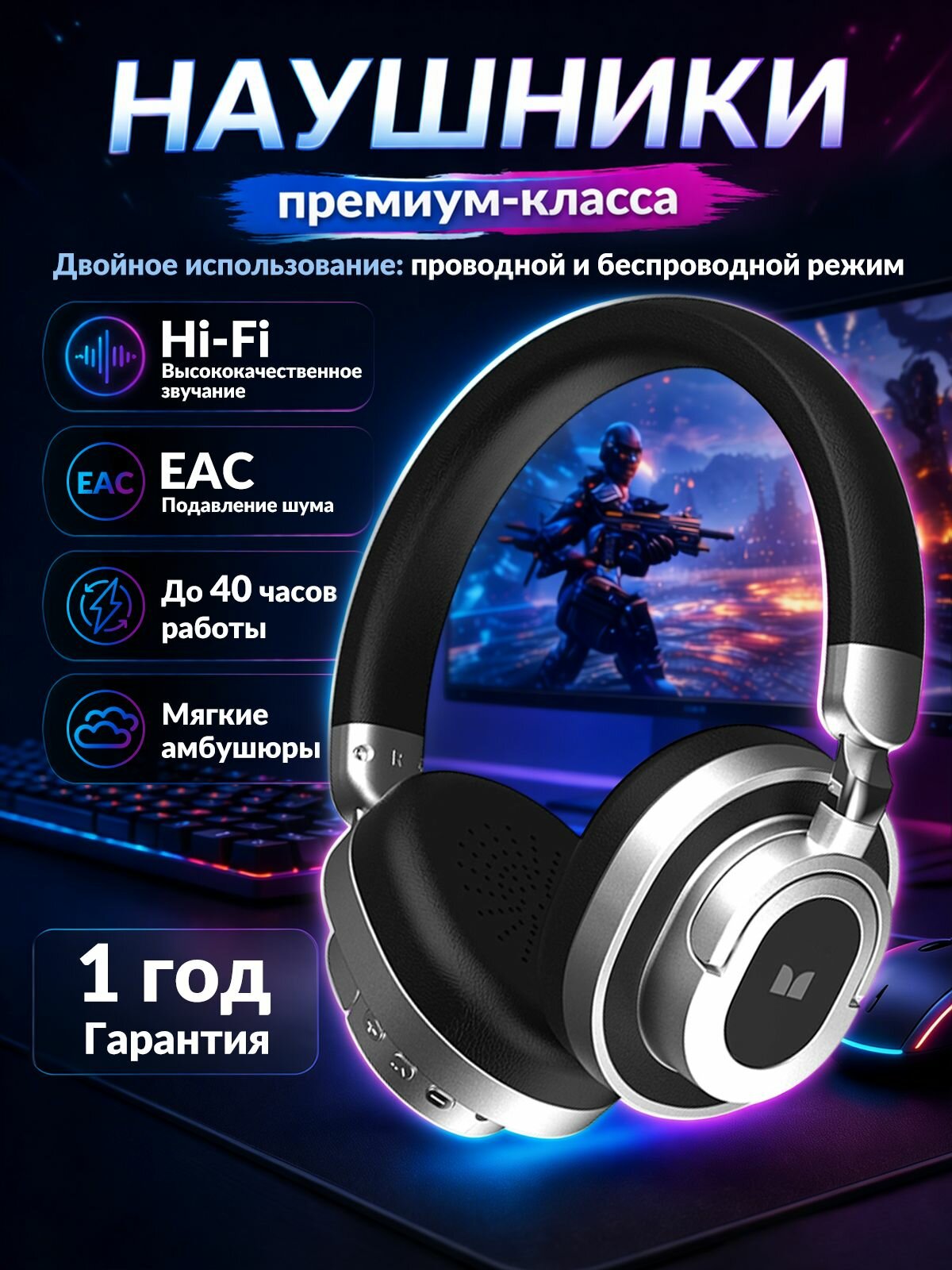 Наушники беспроводные большие с активным шумоподавлением ANC, накладные, полноразмерные, Bluetooth 5.4.