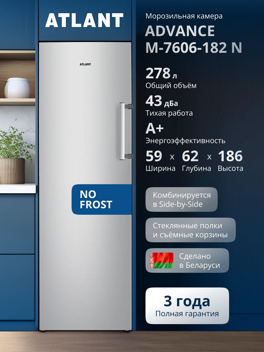 Морозильная камера Atlant ADVANCE 7606-182-N, полезный объем 245 л, No Frost, класс энергоэффективности A+, перенавешиваемые двери, серебристый