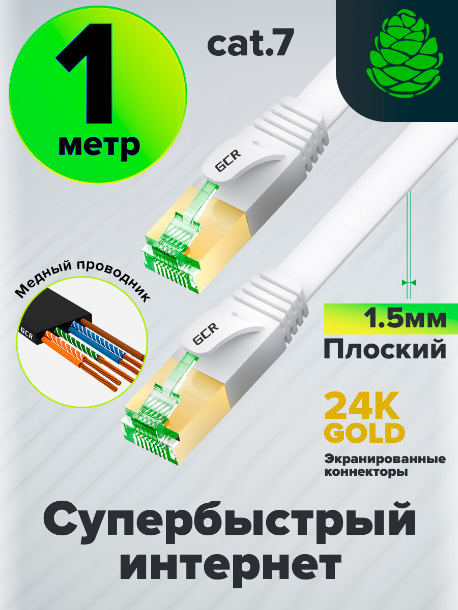 Патч-корд 1 метр кат.7 FTP плоский LSZH 30AWG белый RJ45 24K GOLD T568B GCR PROF кабель для интернета экранированный