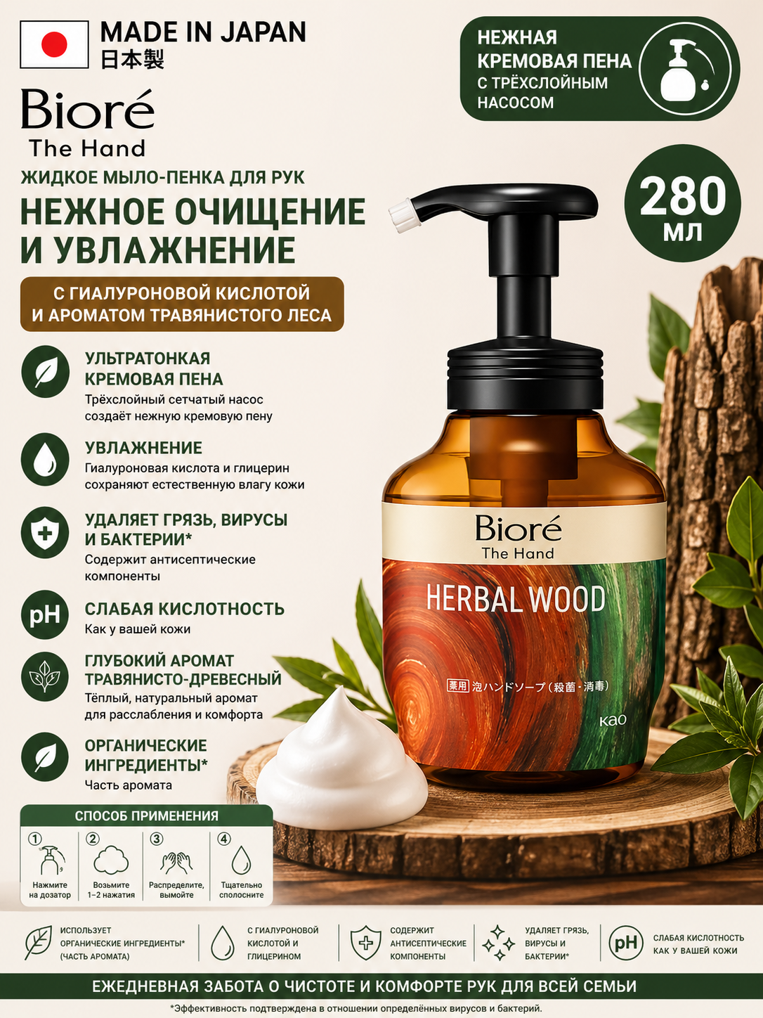 KAO Жидкое мыло-пенка для рук Biore the Hand с гиалуроновой кислотой и глубоким травянисто-древесным ароматом, 280мл.