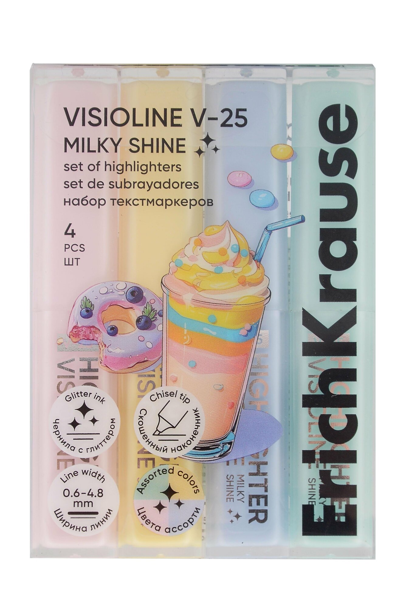 Текстовыделители 04цв "Visioline V-25 Milky Shine" с блестками, ErichKrause